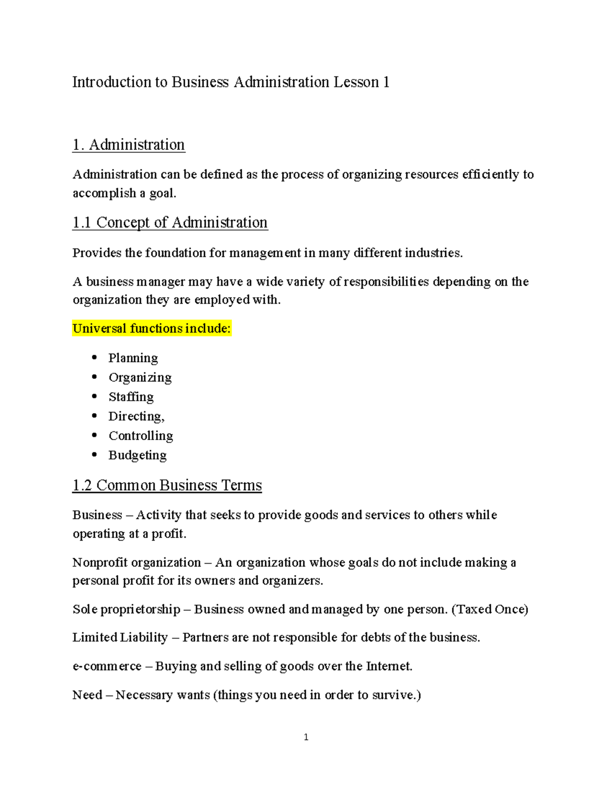 1 - Business Administration Lesson 1 - Administration Administration ...