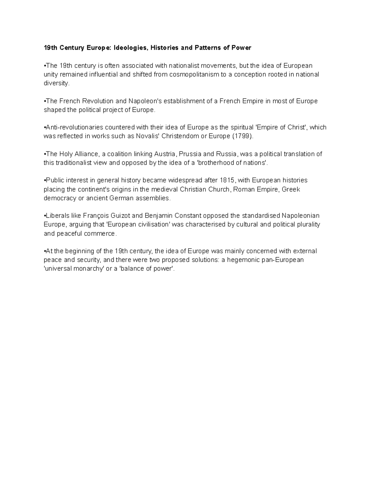 19th Century Europe- Ideologies, Histories and Patterns of Power - •The ...