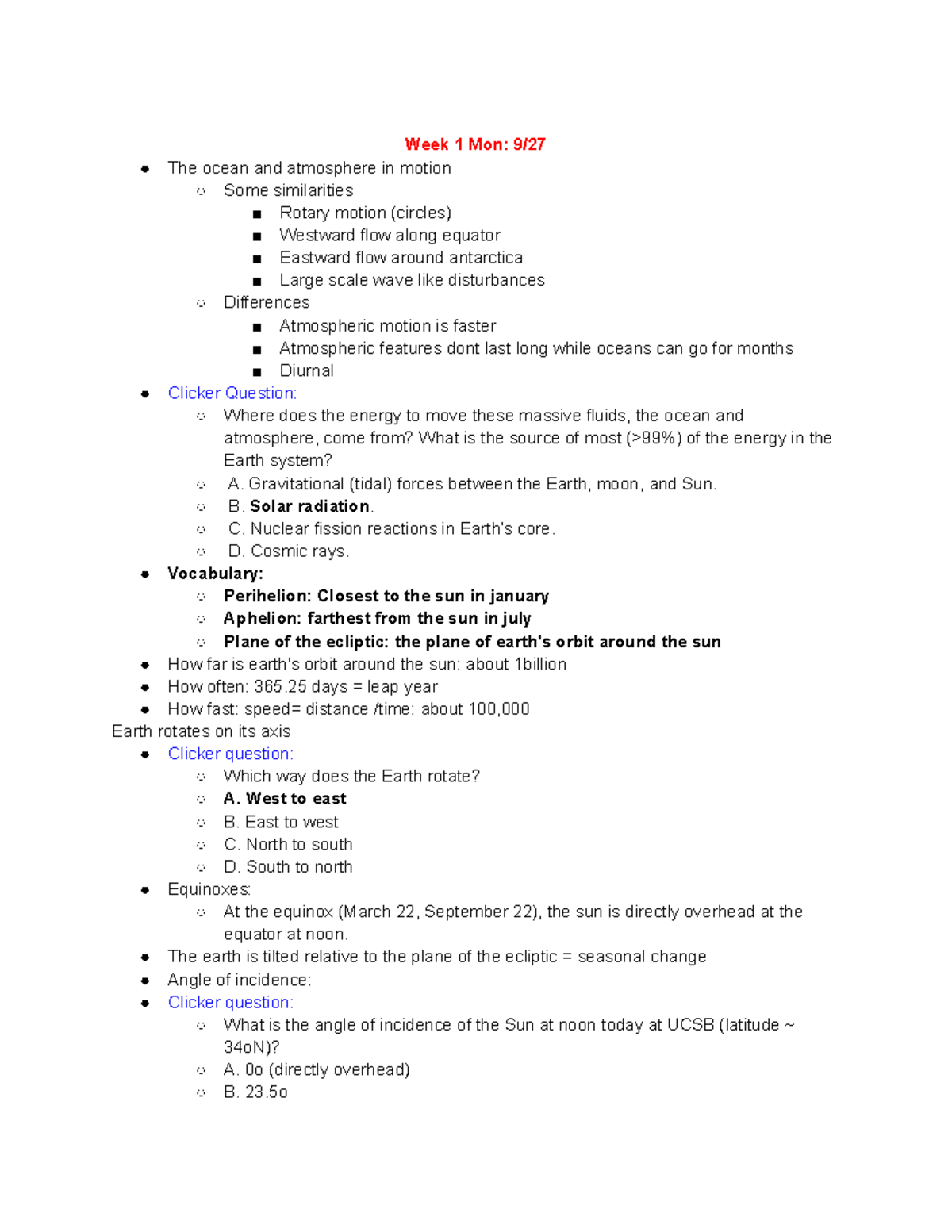Geog 3 notes week 1 - Week 1 Mon: 9/ The ocean and atmosphere in motion ...