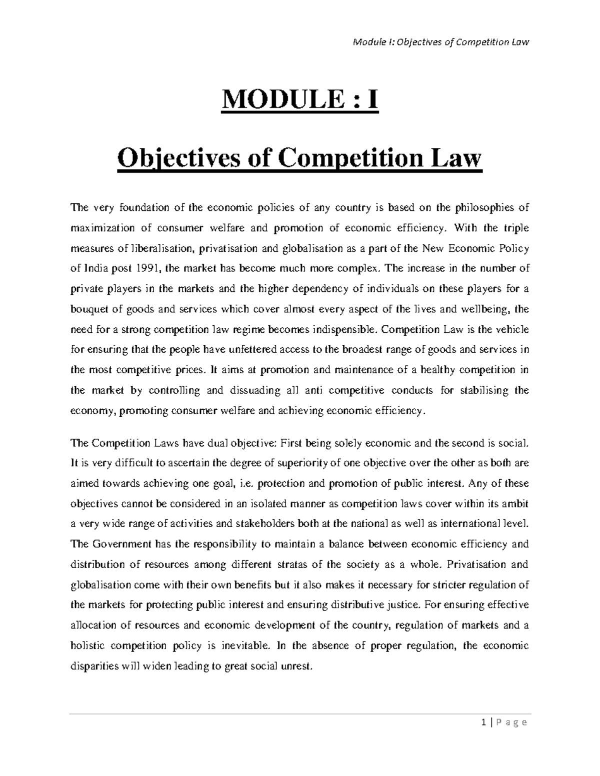 Module I Objectives of Competition Law - MODULE : I Objectives of ...