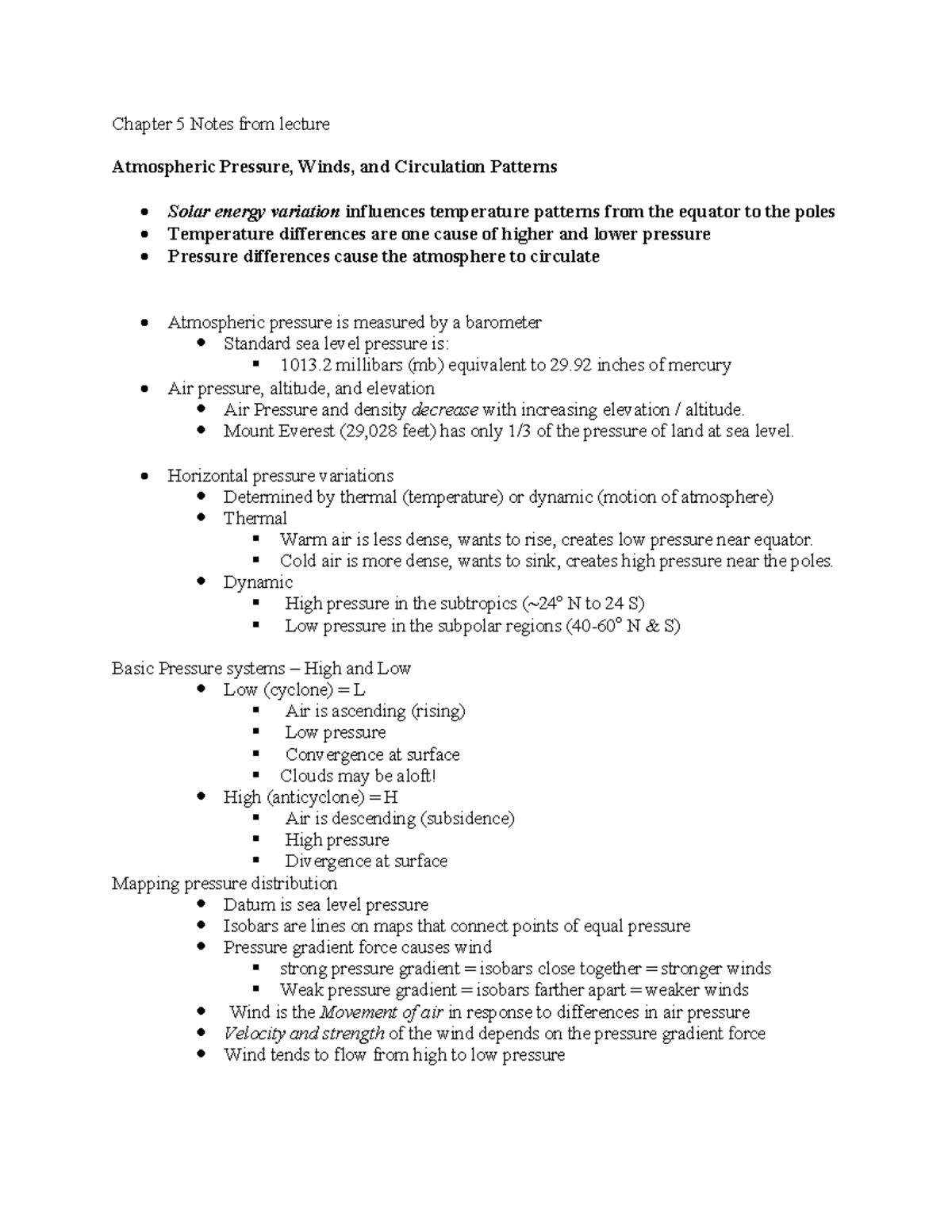 Lec Ch 5 notes - Geography - Chapter 5 Notes from lecture Atmospheric ...