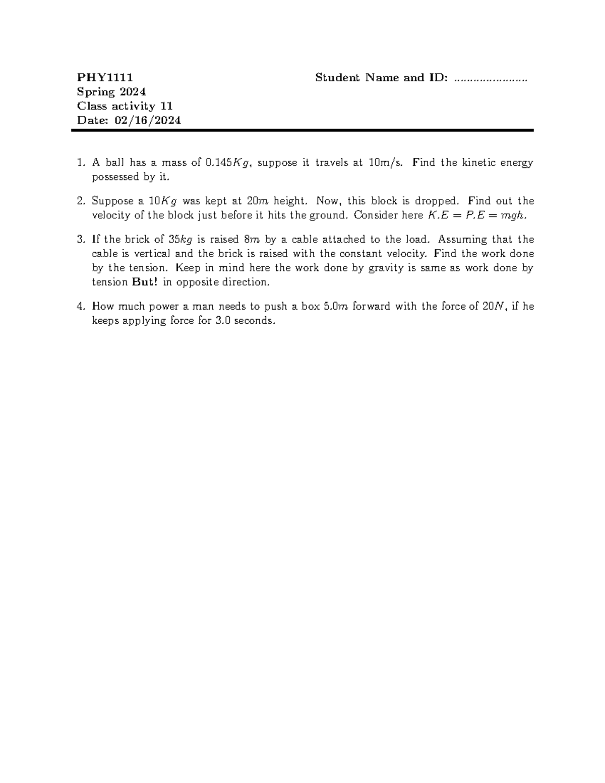 Phys1111 Practice - PHY1111 Student Name and ID ...