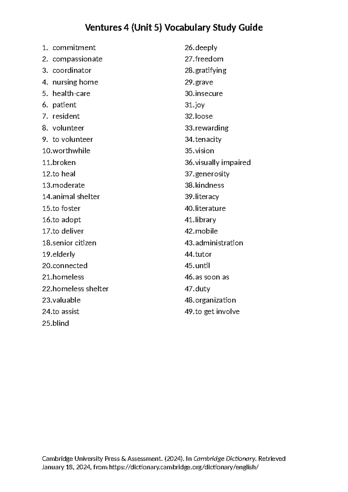 Ventures 4 (Unit 5) Vocabulary Study Guide - Ventures 4 (Unit 5 ...