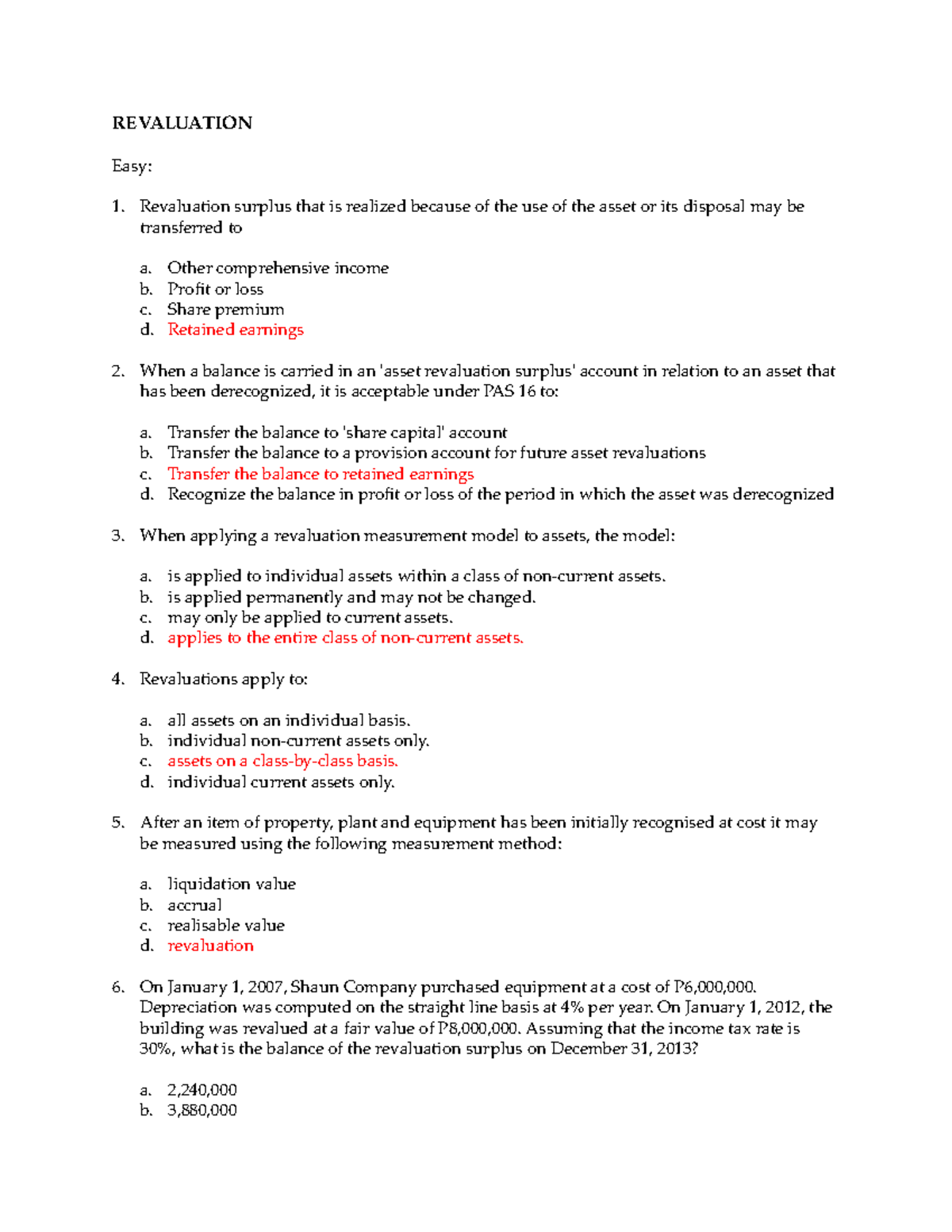 17 - Lecture notes 1 - REVALUATION Easy: 1 surplus that is realized ...