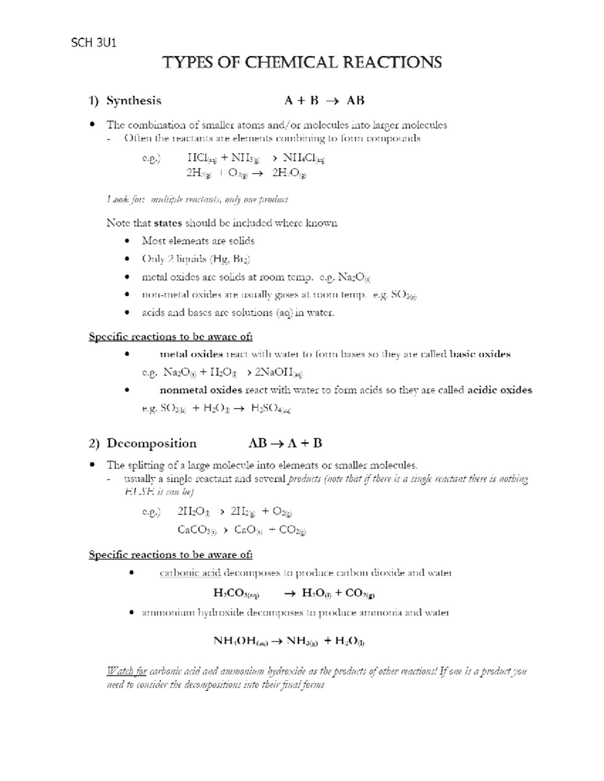 7-Types of Reactions Review Sheet - includes questions and answers ...