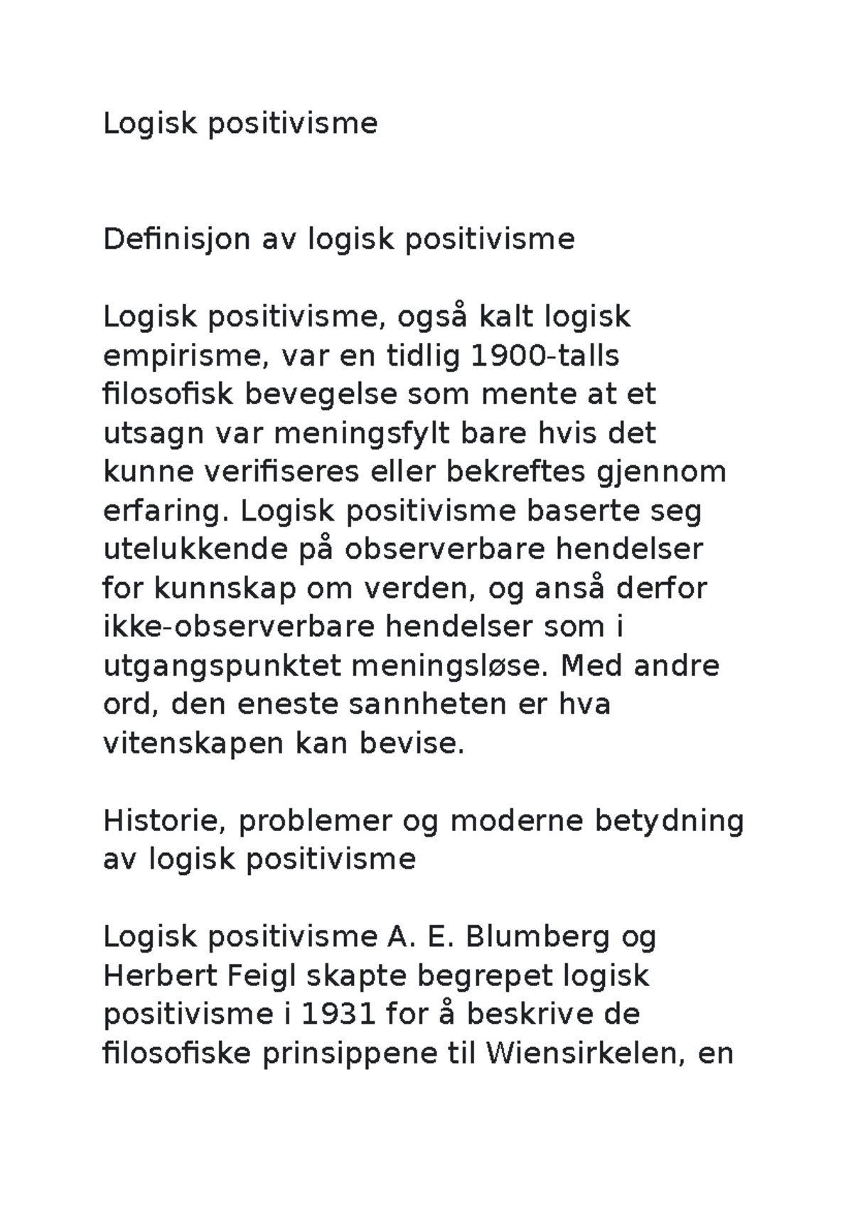 Logisk positivisme - Studienotater/øvingsmaterialer som forberedelse ...