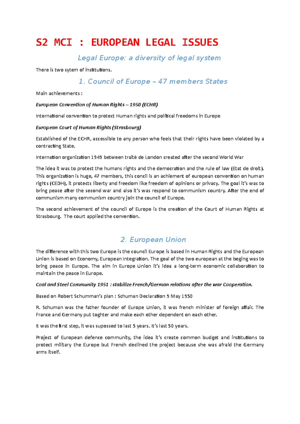 S2 Legal European issues - S2 MCI : EUROPEAN LEGAL ISSUES Legal Europe ...