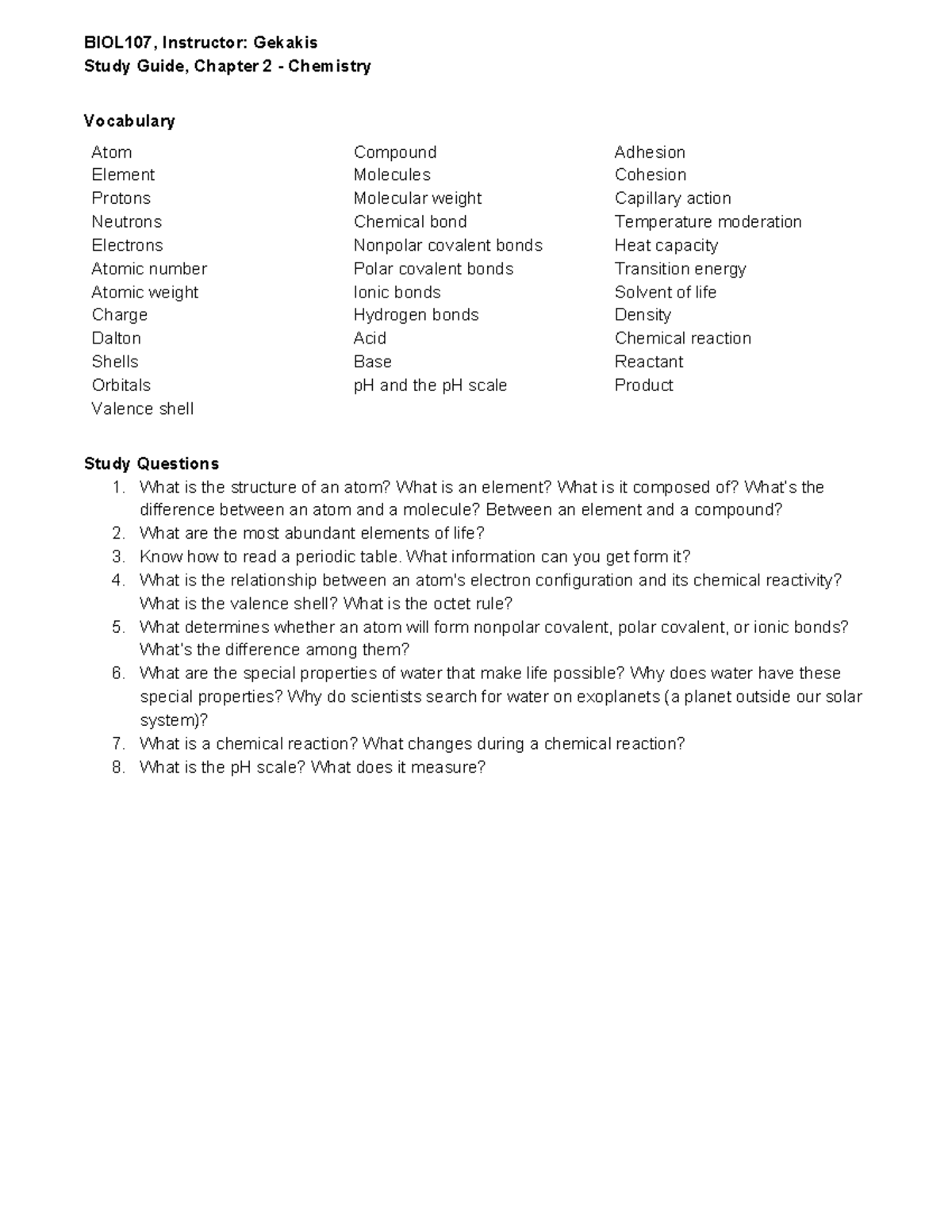 Module 02 Chem Study Guide - BIOL107, Instructor: Gekakis Study Guide ...