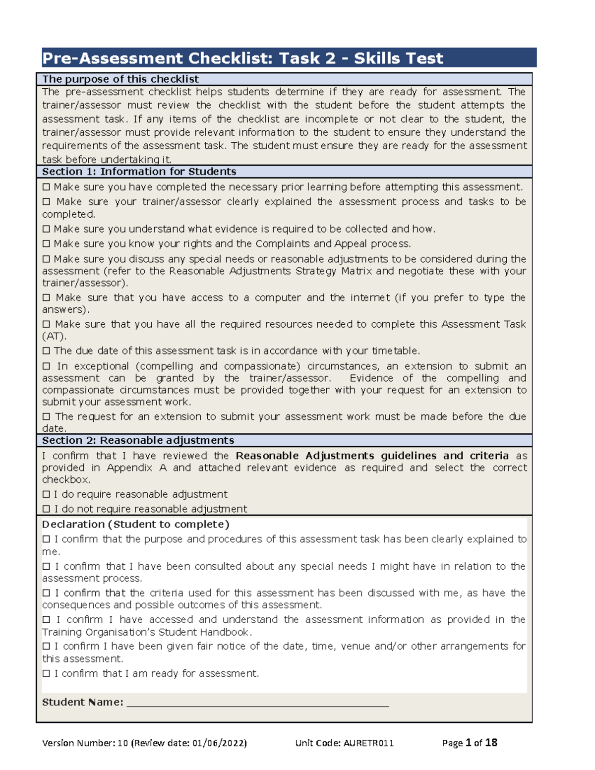 Auretr 011 Student Pack - Skills Test Activity 1- V10.0 - Pre ...