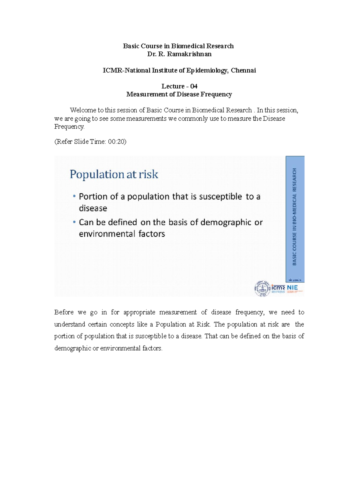 Lec-04 Measures of disease frequency - Basic Course in Biomedical ...