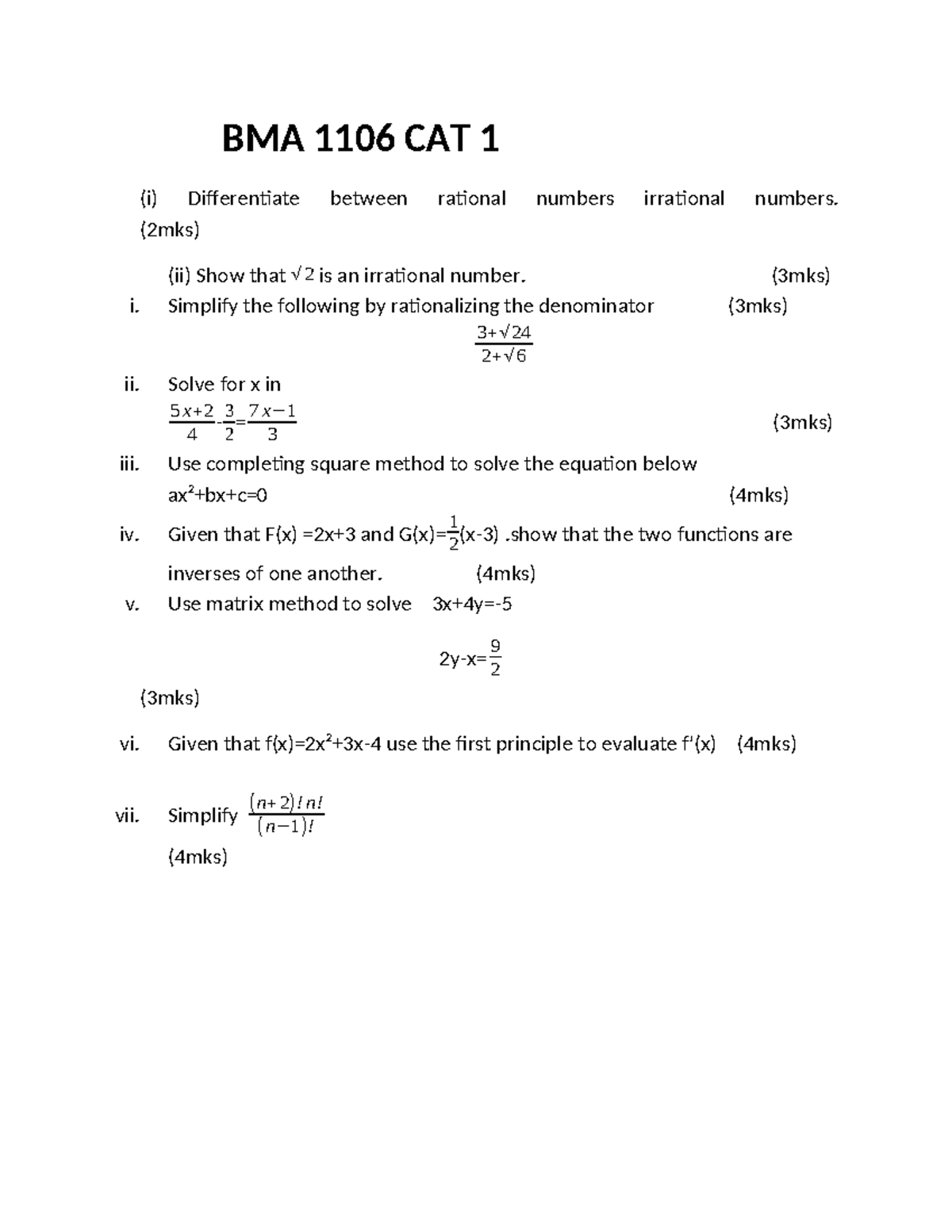BMA 1106 CAT 1 virtual 24 - BMA 1106 CAT 1 (i) Differentiate between ...