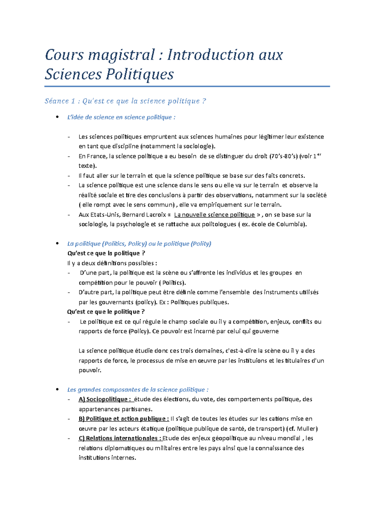 Cours magistral Intro à la science politique - Cours magistral ...
