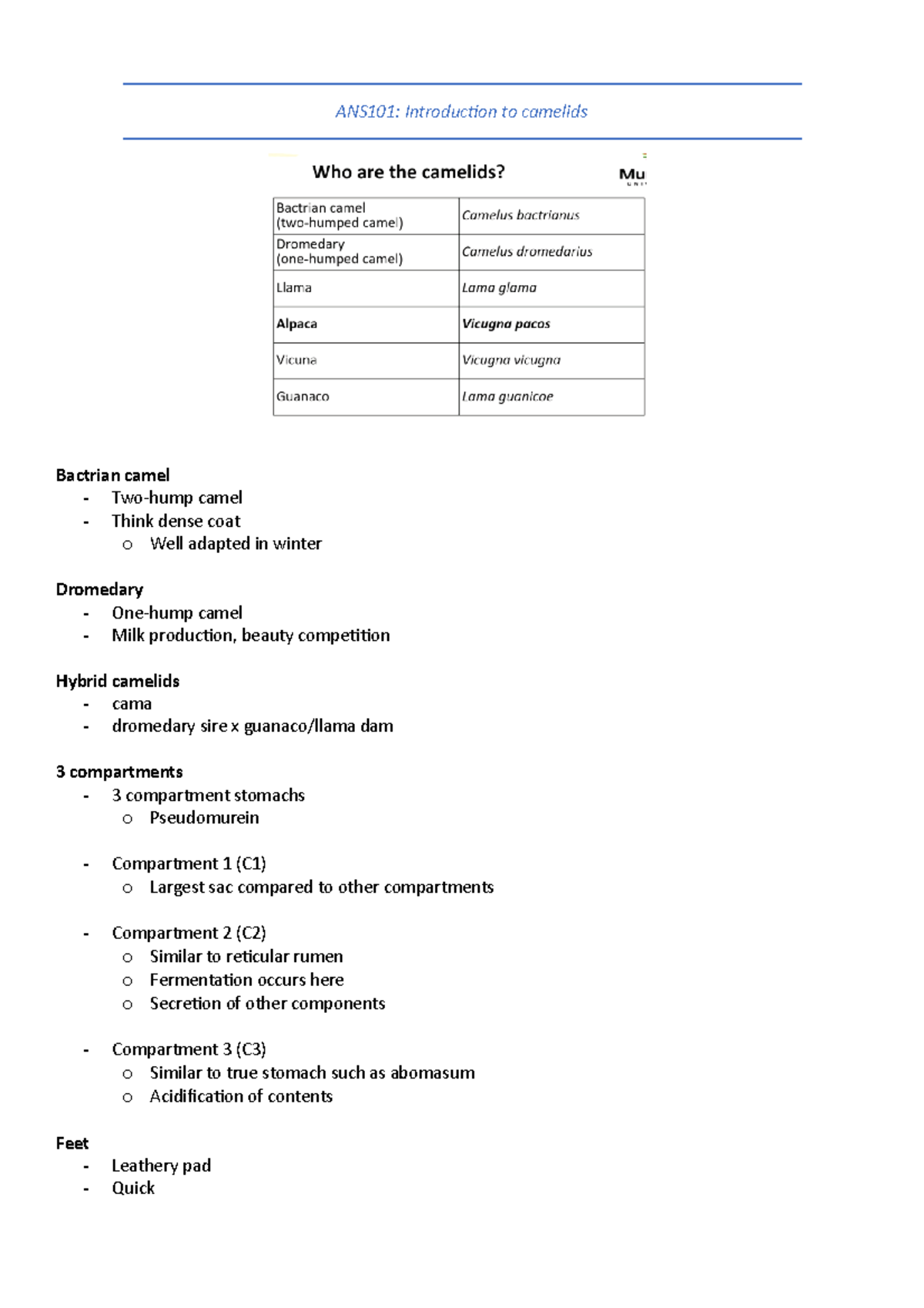 ANS101 Camelids - Lecture notes 3 - ANS101: Introduction to camelids ...