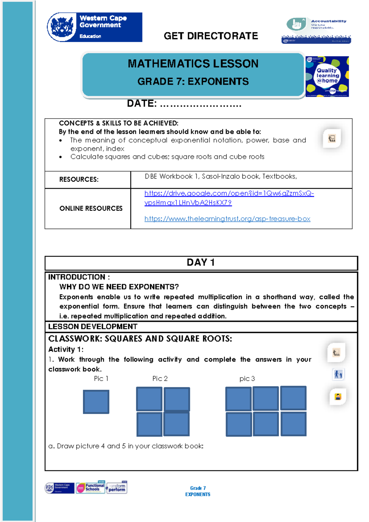 Lesson plan Gr. 7 Mathematics Term 1 Week 4 Exponents Lesson 1&2 ...