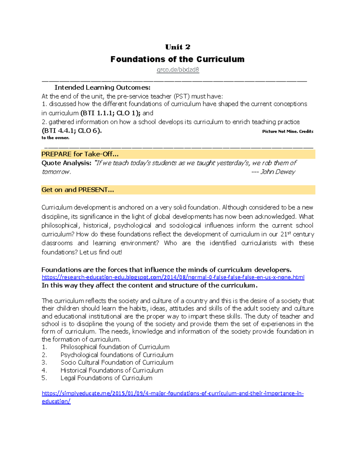 Unit 2 Lesson 1 - Reference - Unit 2 Foundations of the Curriculum qrco ...
