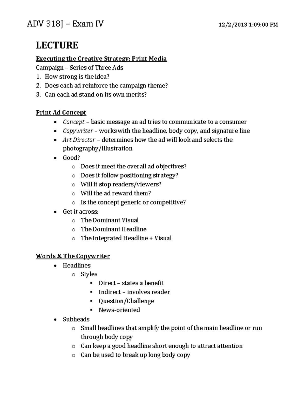 Lecture notes, course ADV 318J - Wilcox, Fall 2013 - Exam 4 Review 12 ...
