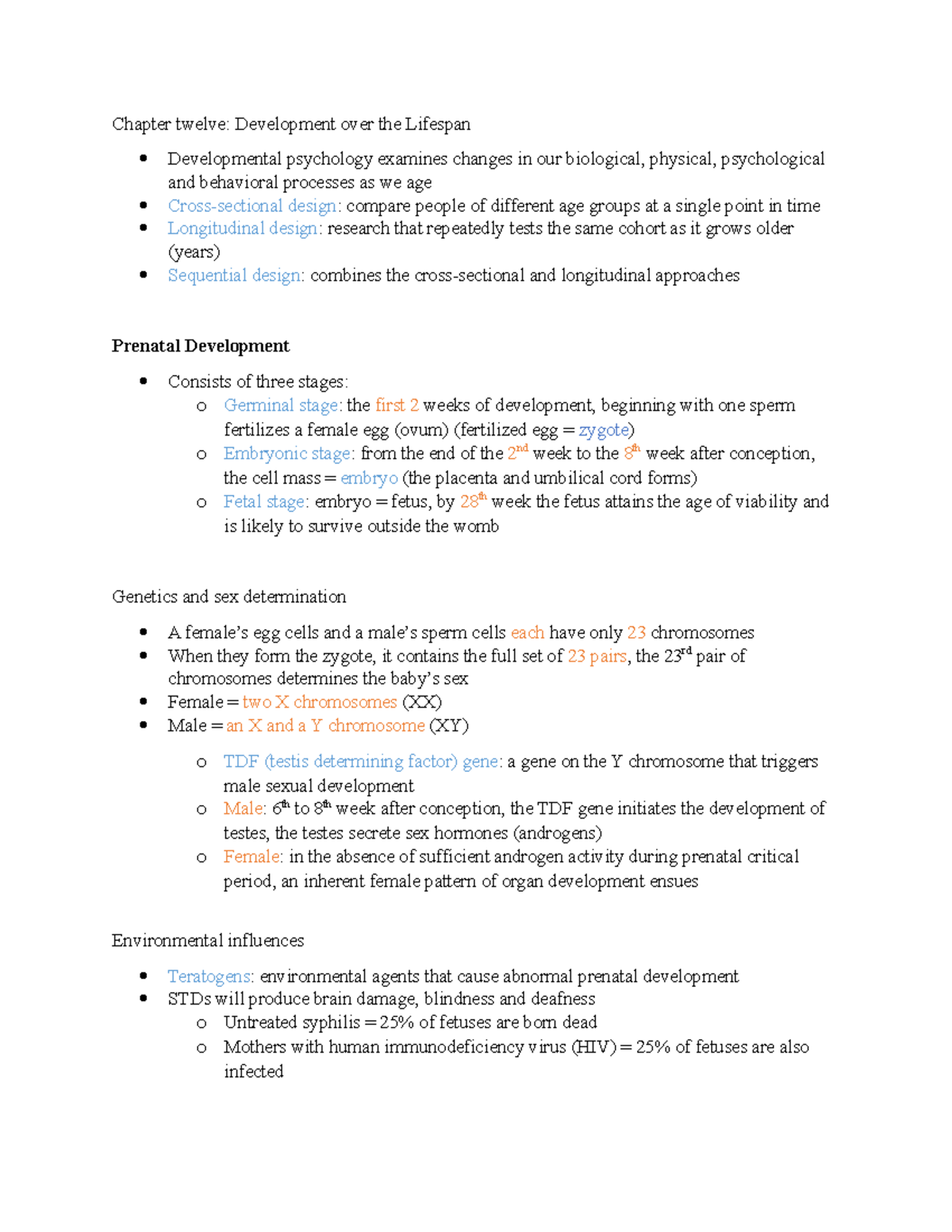 Psychology winter week four and five - Chapter twelve: Development over the Lifespan ...