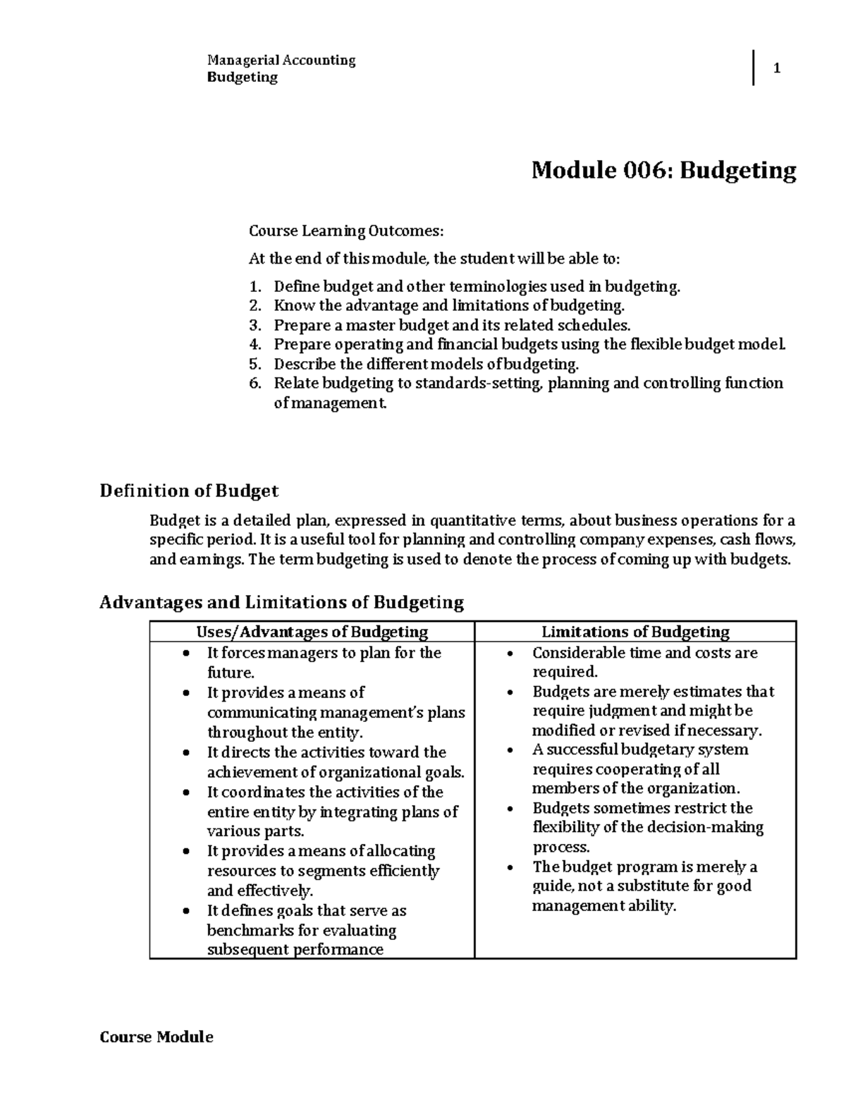 Week 7 - Lesson 6 Budgeting - Managerial Accounting Budgeting 1 Course ...
