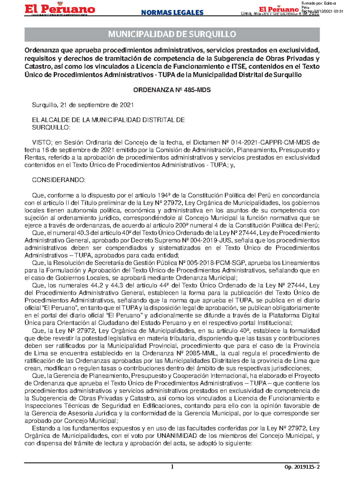 Ordenanza 485-MDS y TUPA 2021 - MUNICIPALIDAD DE SURQUILLO Ordenanza que aprueba procedimientos ...