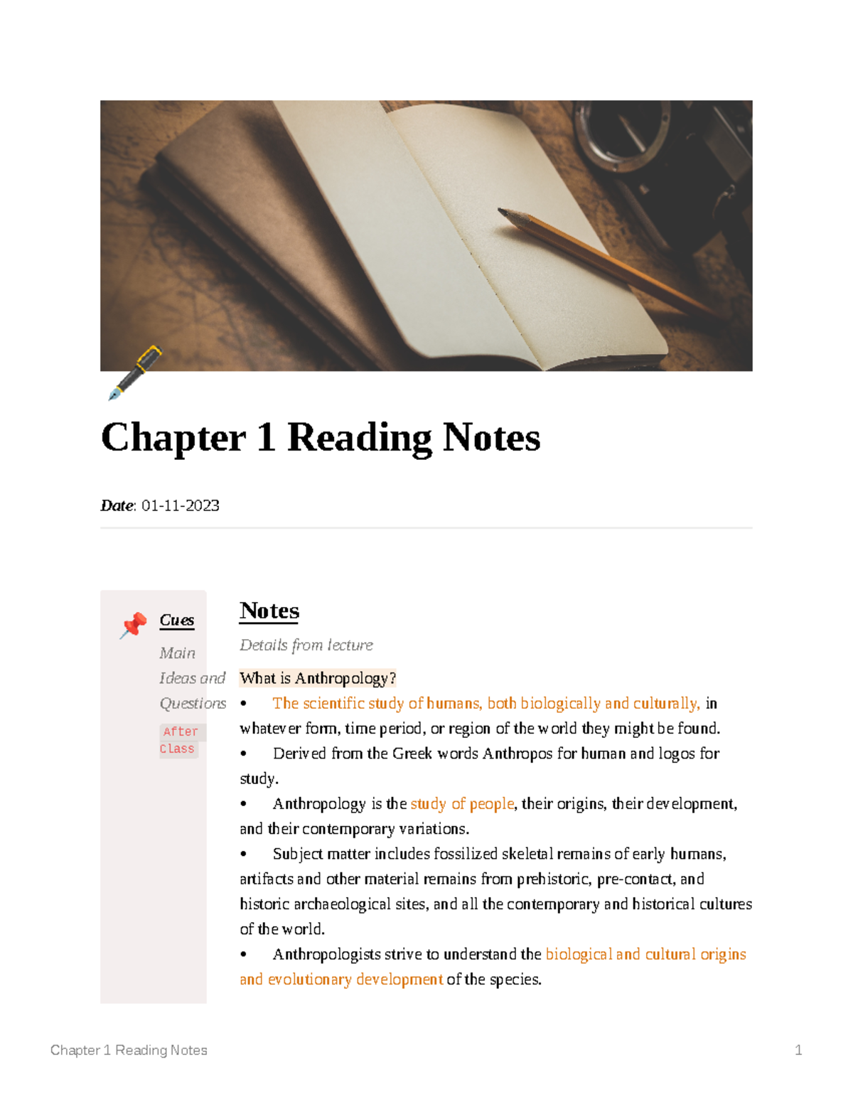 Chapter 1 Reading Notes - 🖋 Chapter 1 Reading Notes Date: 01-11- 📌 Cues ...