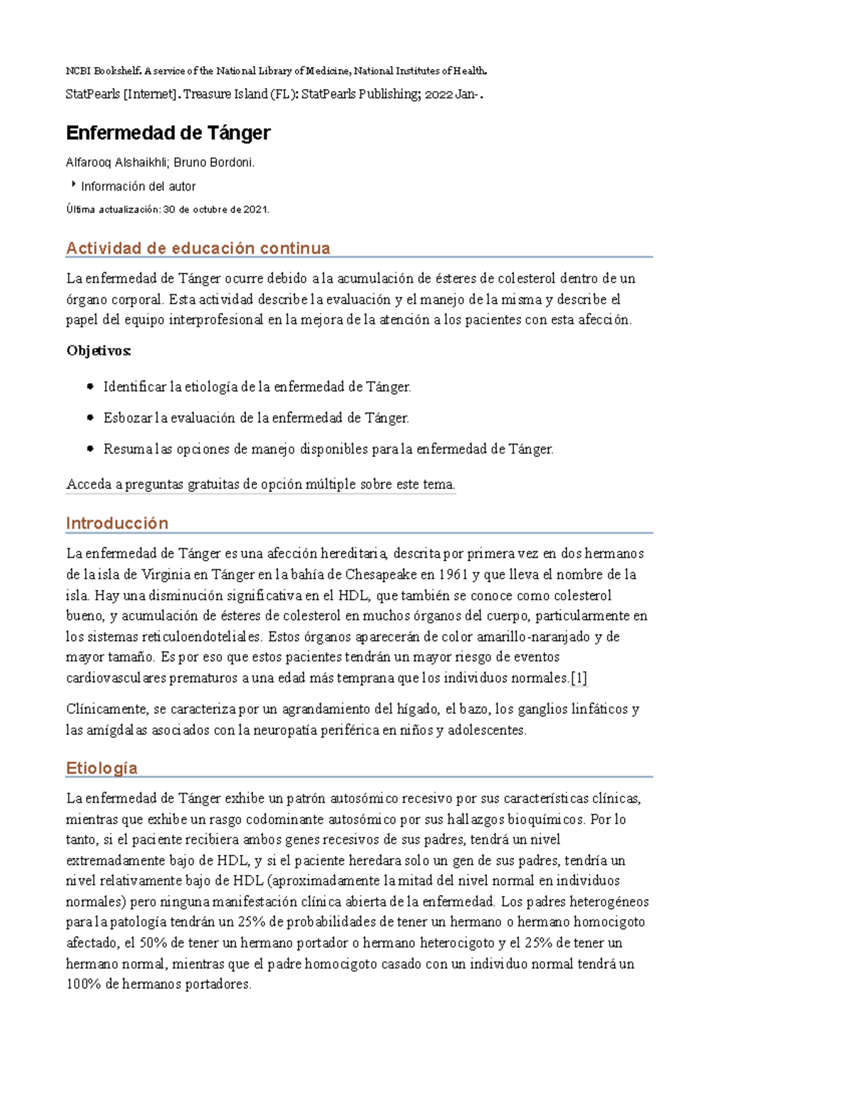 Enfermedad de Tánger - Stat Pearls - Estantería NCBI - NCBI Bookshelf ...