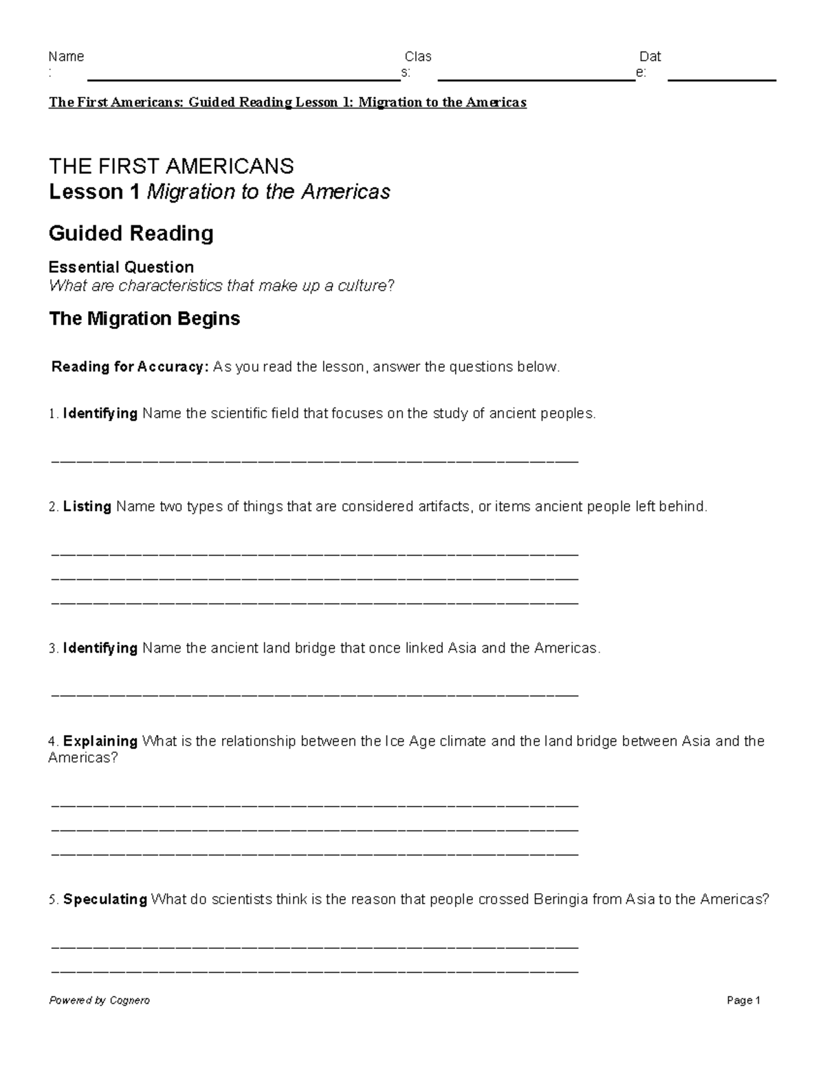 Chapter 1 Guided Reading Lesson 1 Key - : s: e: The First Americans ...