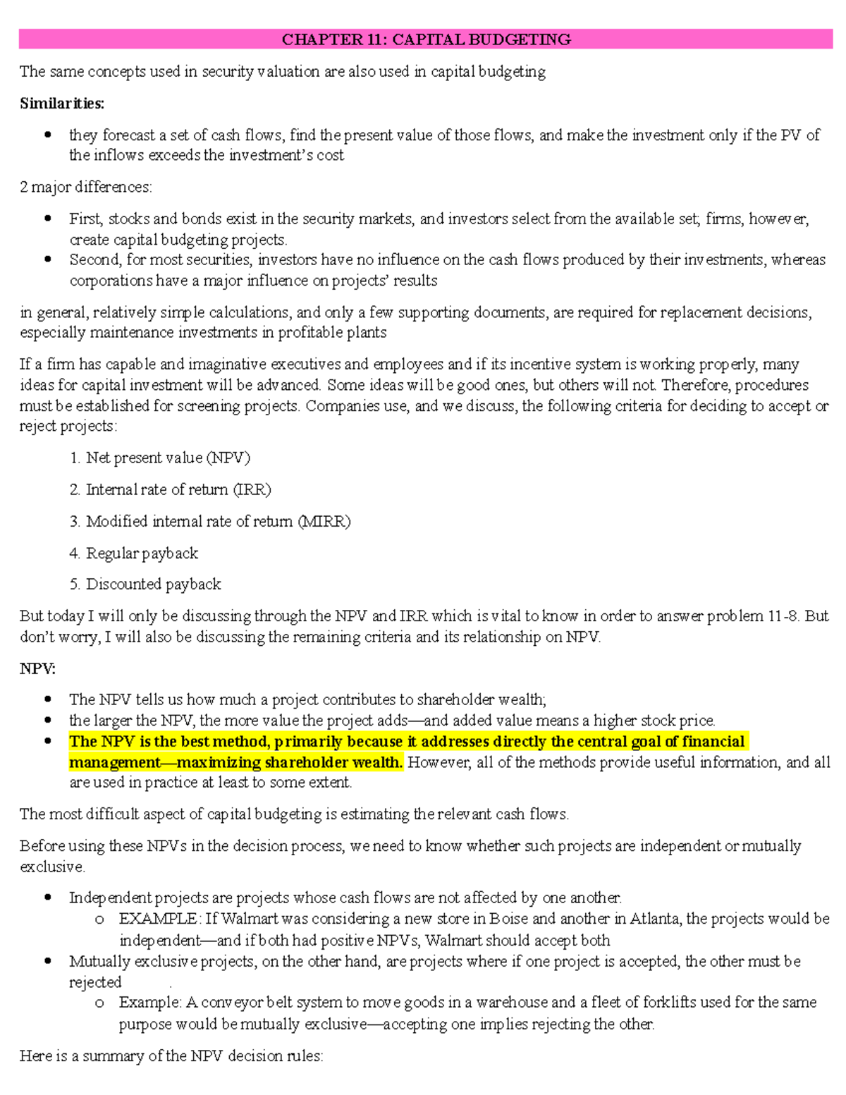 Report Notes on Capital Budgeting - CHAPTER 11: CAPITAL BUDGETING The ...