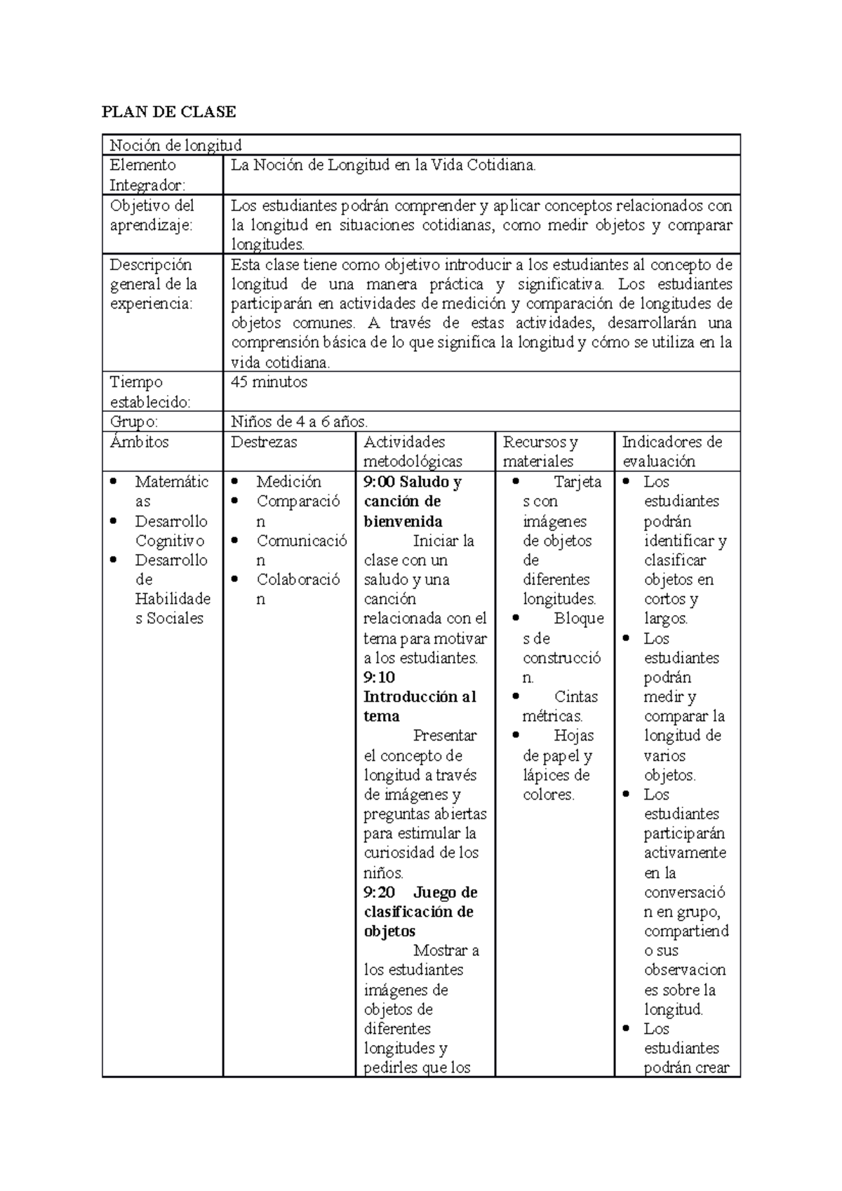 Planes DE Clase noción de longitud - PLAN DE CLASE Noción de longitud ...