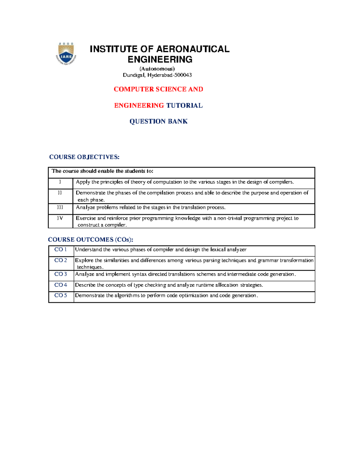 Cd Qb Sol Institute Of Aeronautical Engineering Autonomous Dundigal Hyderabad 500043