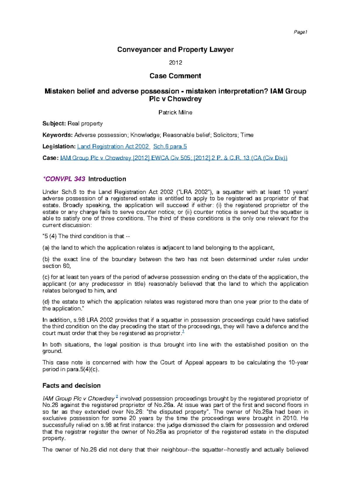 2012 Patrick Milne - Mistaken belief and adverse possession - mistaken ...