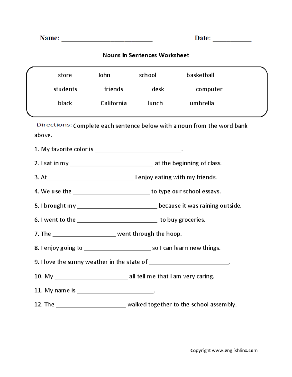 Nouns in Sentences Worksheet - Nouns in Sentences Worksheet Complete ...