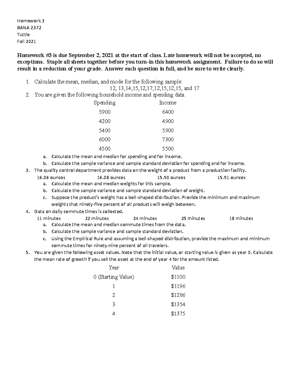 Homework 3 - Homework 3 BANA 2372 Tuttle Fall 2021 Homework #3 is due ...