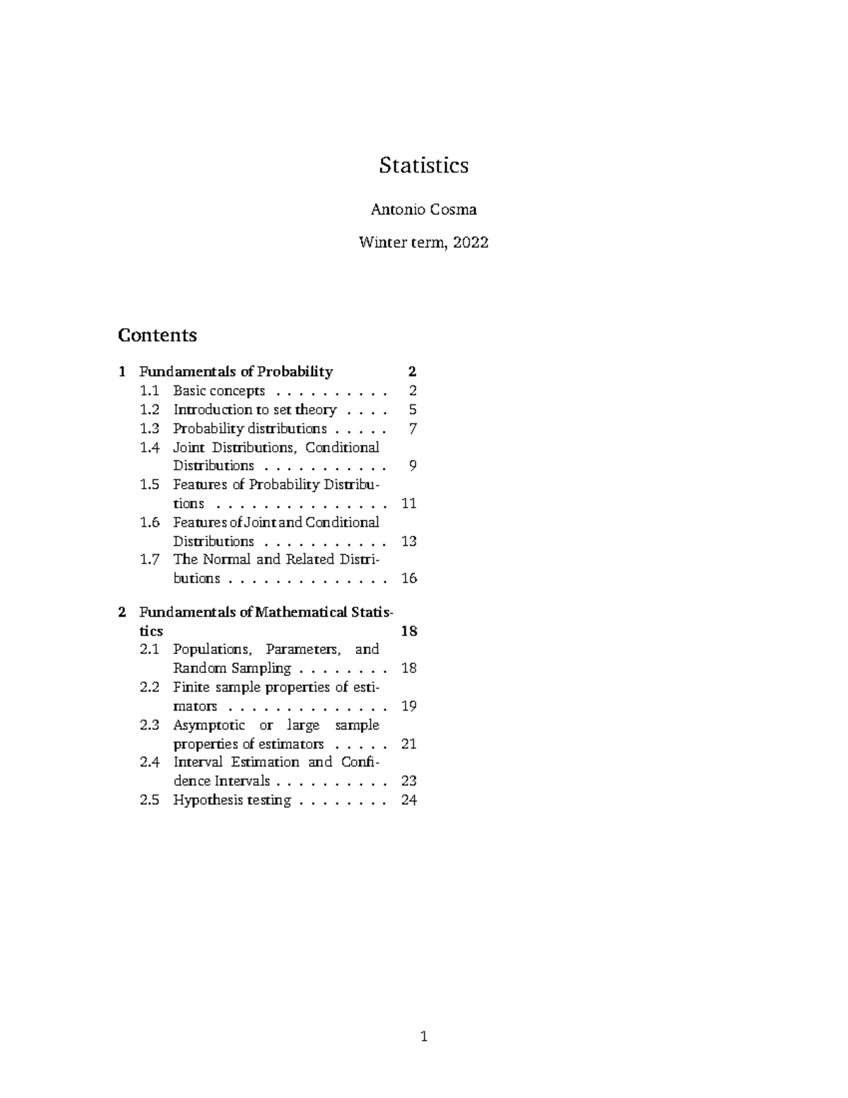 00 Statistics MFE-S1-2022-Handout - Statistics Antonio Cosma Winter ...