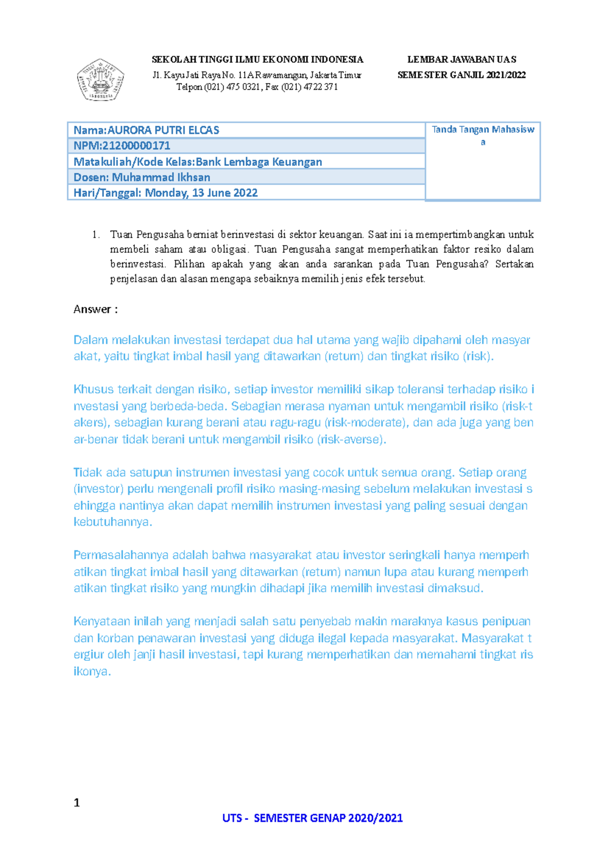 UAS BLK 212000 00171 - tugas - Jl. Kayu Jati Raya No. 11A Rawamangun, Jakarta Timur Telpon (021 ...