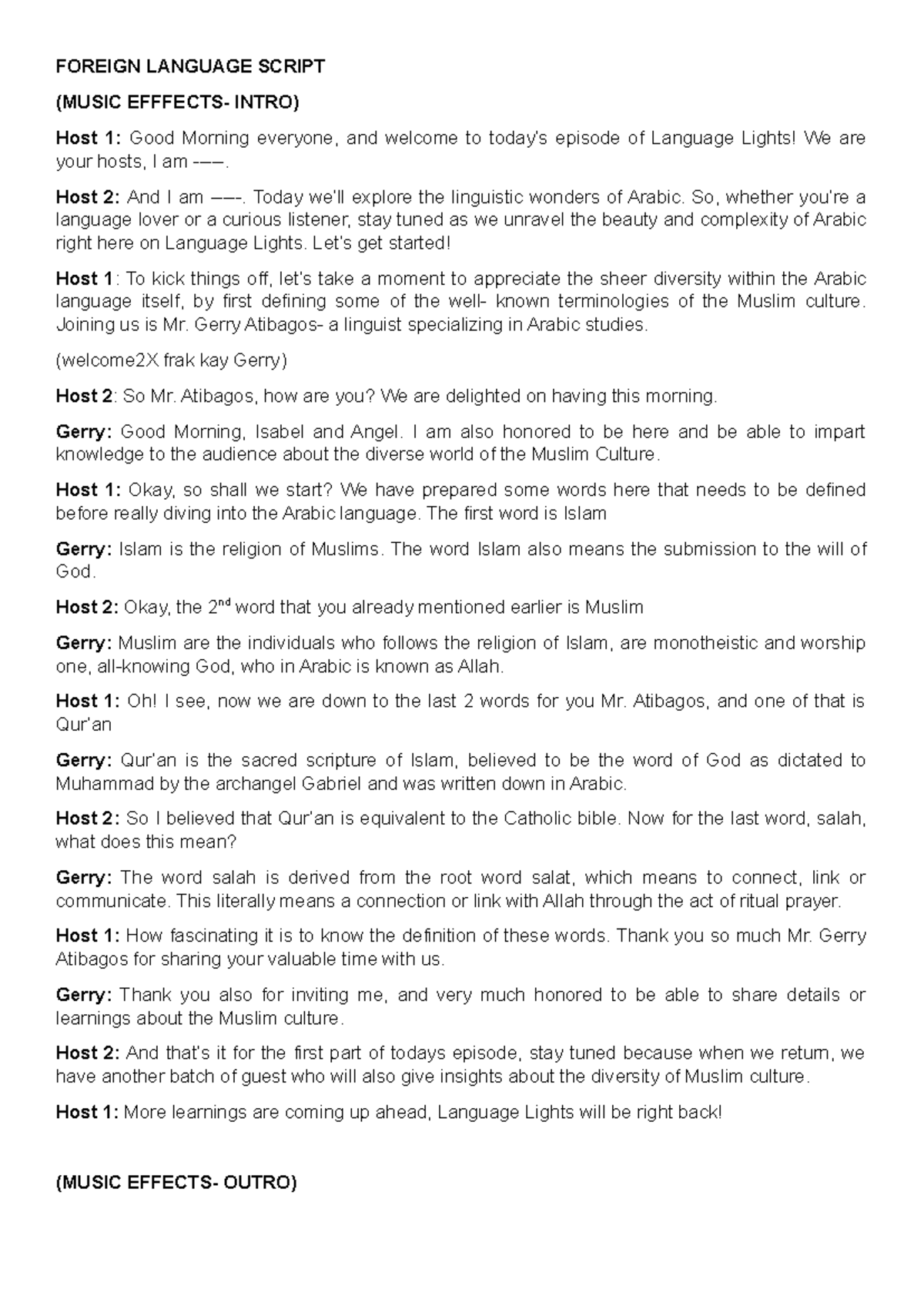 Foreign Language Script Foreign Language Script Music Efffects Intro Host 1 Good Morning