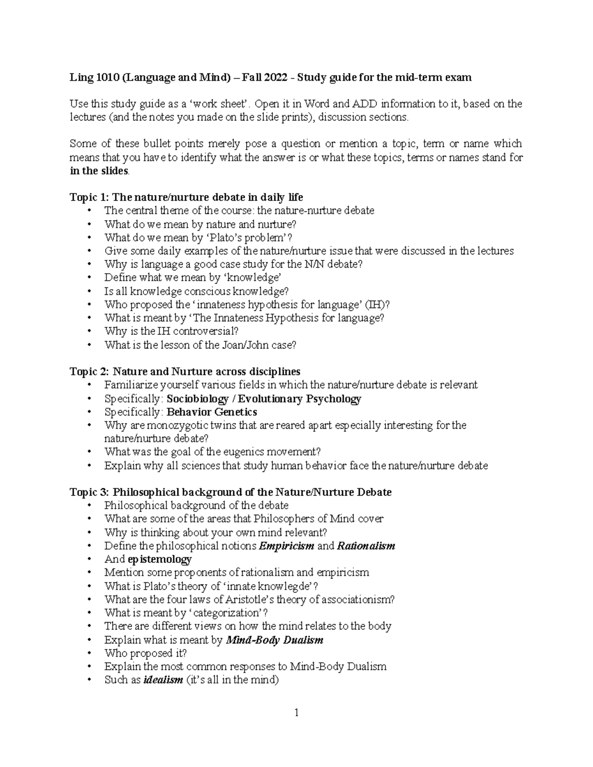 Study Guide for mid-term exam (Fall 2022) - Ling 1010 (Language and ...