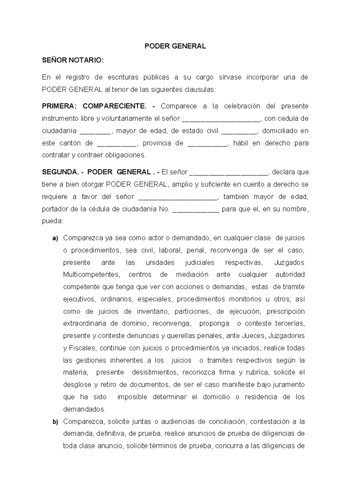Minuta DE Poder General - PODER GENERAL SEÑOR NOTARIO: En el registro ...