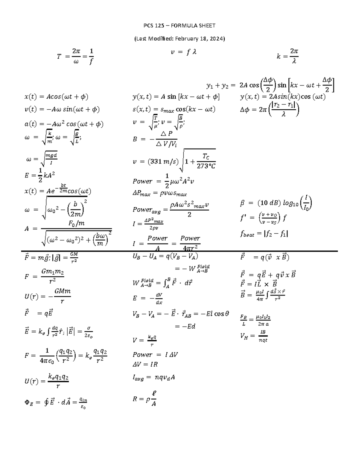 PCS 125-Modified Equation Sheet-v3-For Students 2 - PCS 125 – FORMULA ...