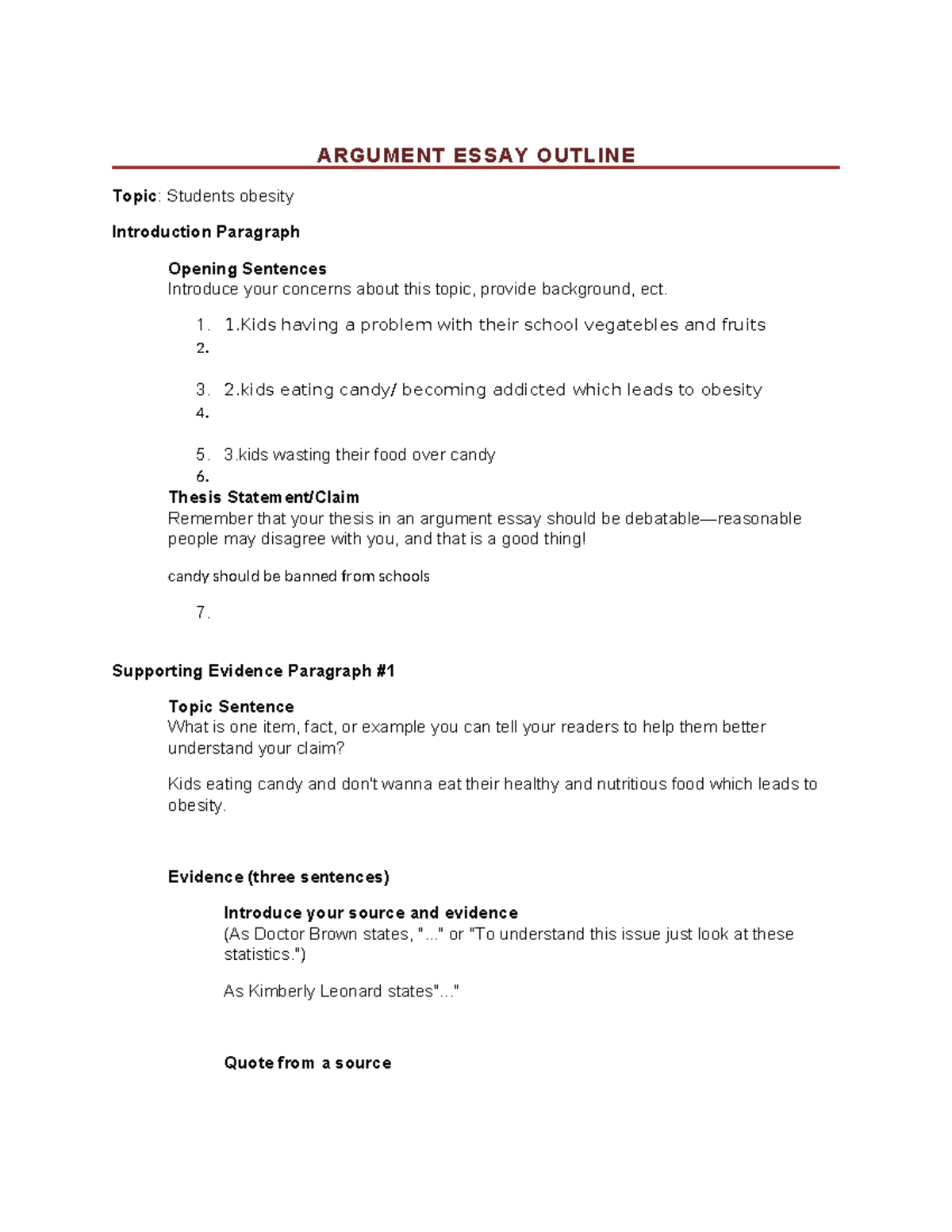 Argument Essay Outline - ARGUMENT ESSAY OUTLINE Topic: Students obesity ...