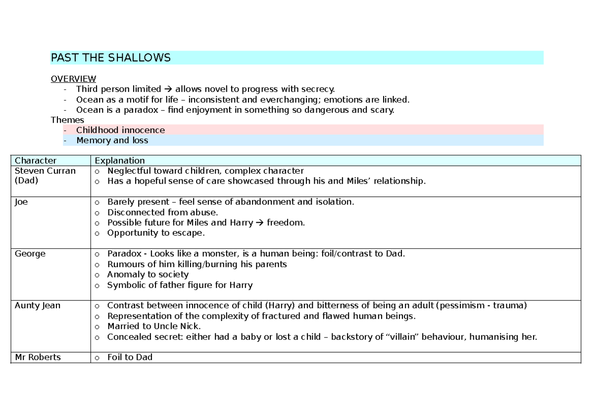 Past the shallows notes - PAST THE SHALLOWS OVERVIEW Third person ...