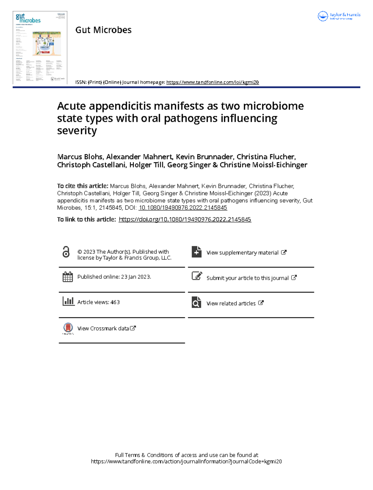 Acute appendicitis manifests as two microbiome state types with oral ...