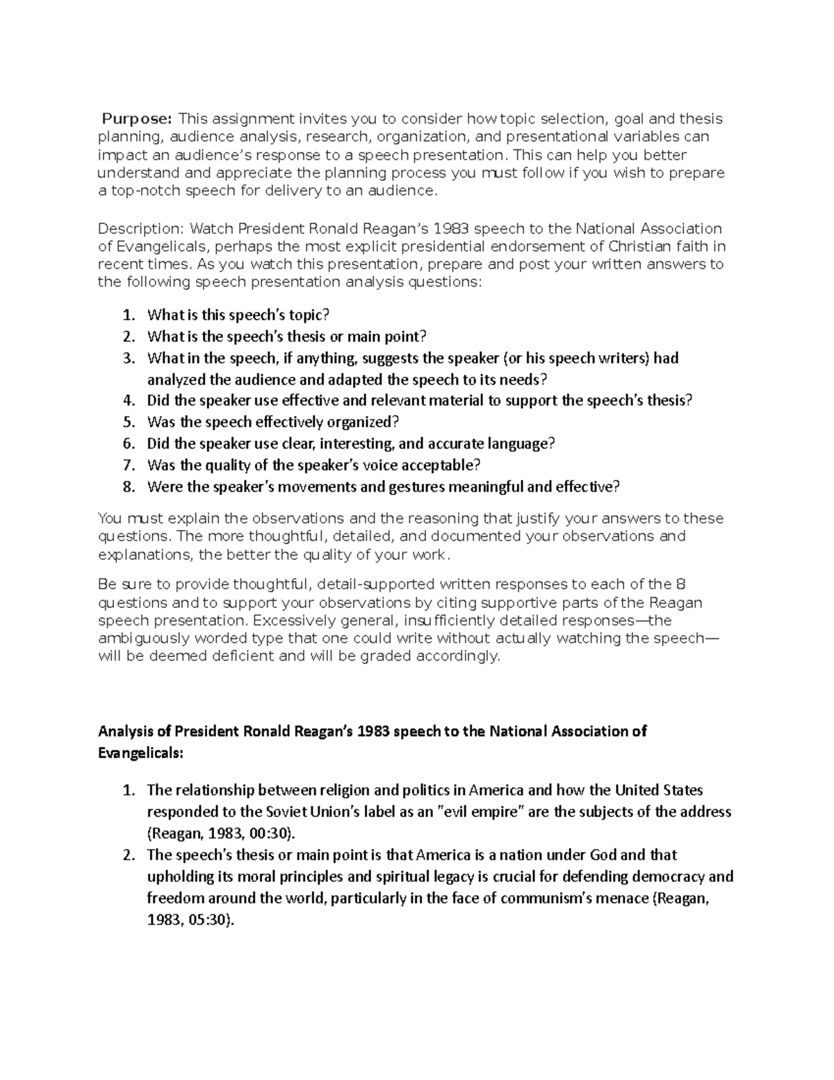 Analysis of President Ronald Reagan’s 1983 speech to the Nat - Purpose ...