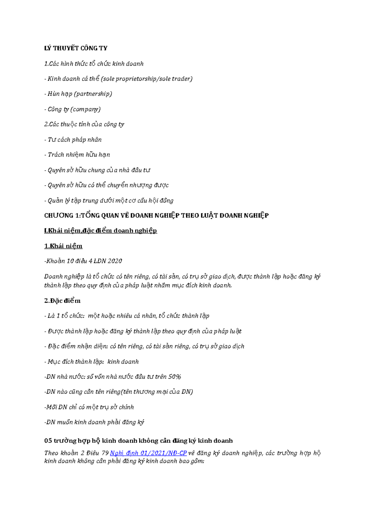 Chương 1 - LDN - LÝ THUYẾẾT CÔNG TY 1ác hình th ức t ổ ch ức kinh doanh Kinh doanh cá th ể(sole ...