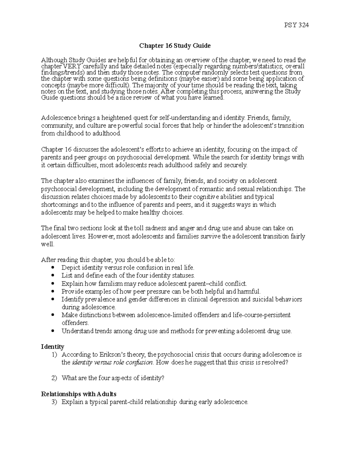 Chapter 16 Study Guide - PSY 324 Chapter 16 Study Guide Although Study ...