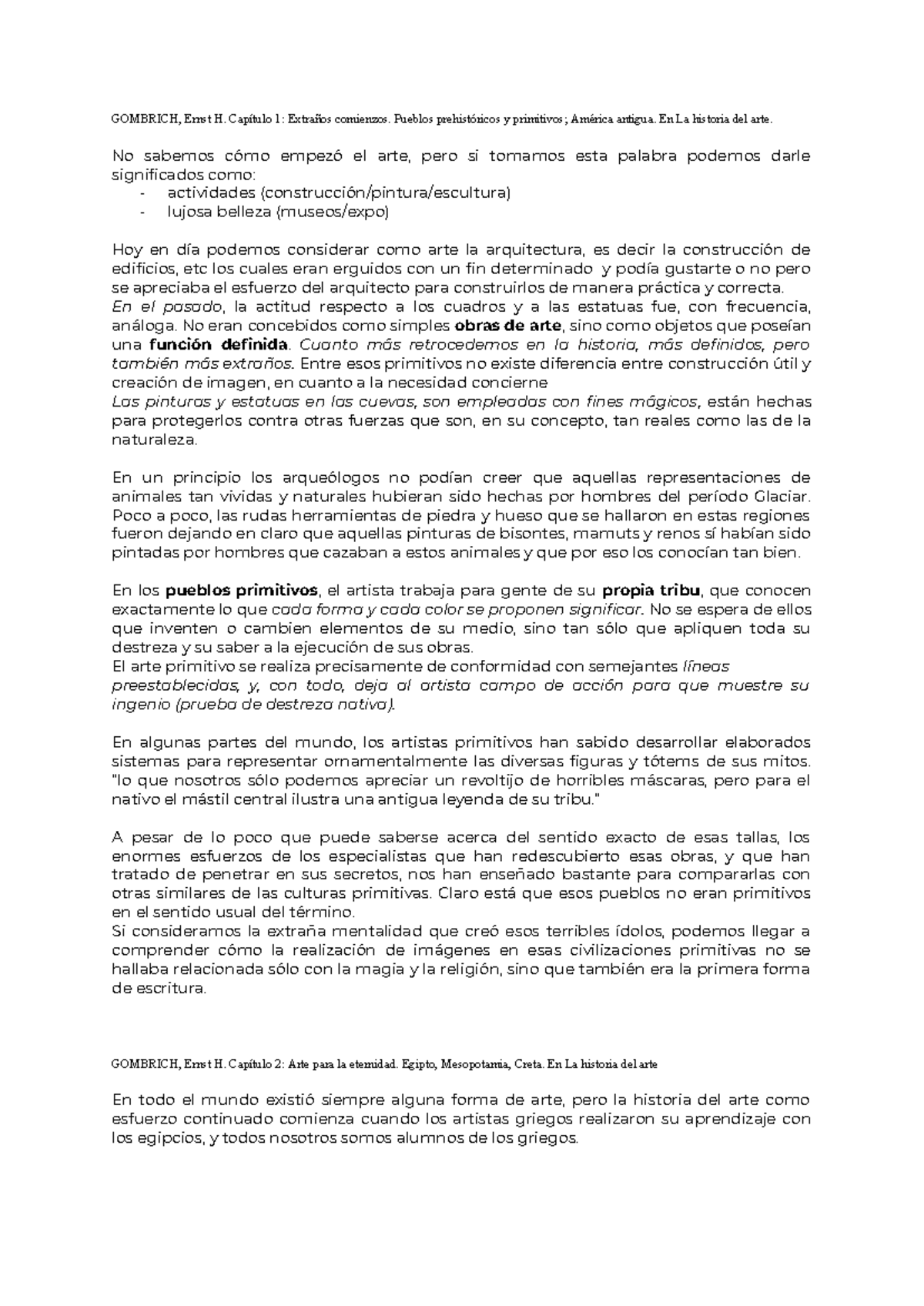 Resumen de lecturas - GOMBRICH, Ernst H. Capítulo 1: Extraños comienzos. Pueblos prehistóricos y ...