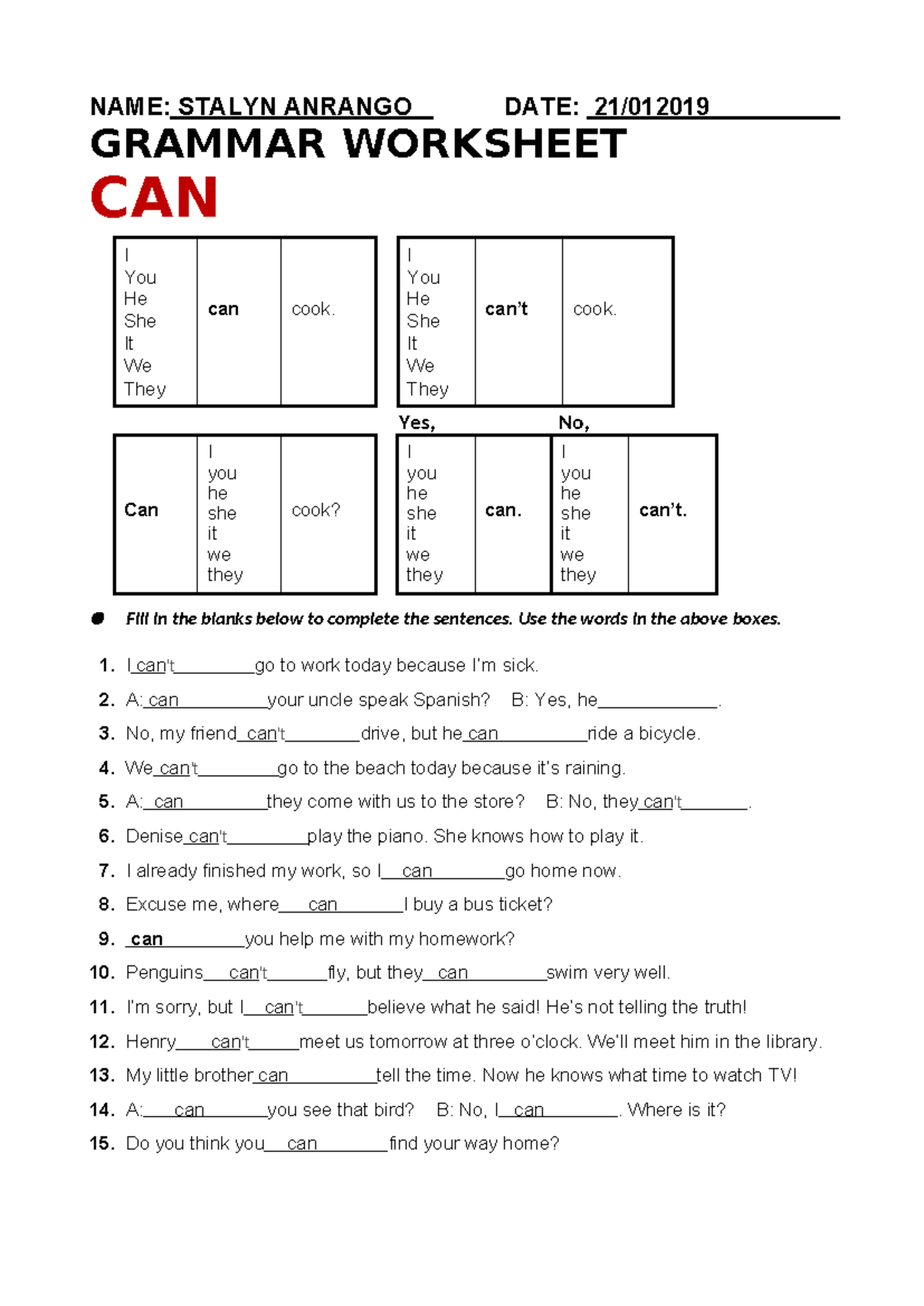 Can grammar - NAME: STALYN ANRANGO DATE: 21/ GRAMMAR WORKSHEET CAN I ...