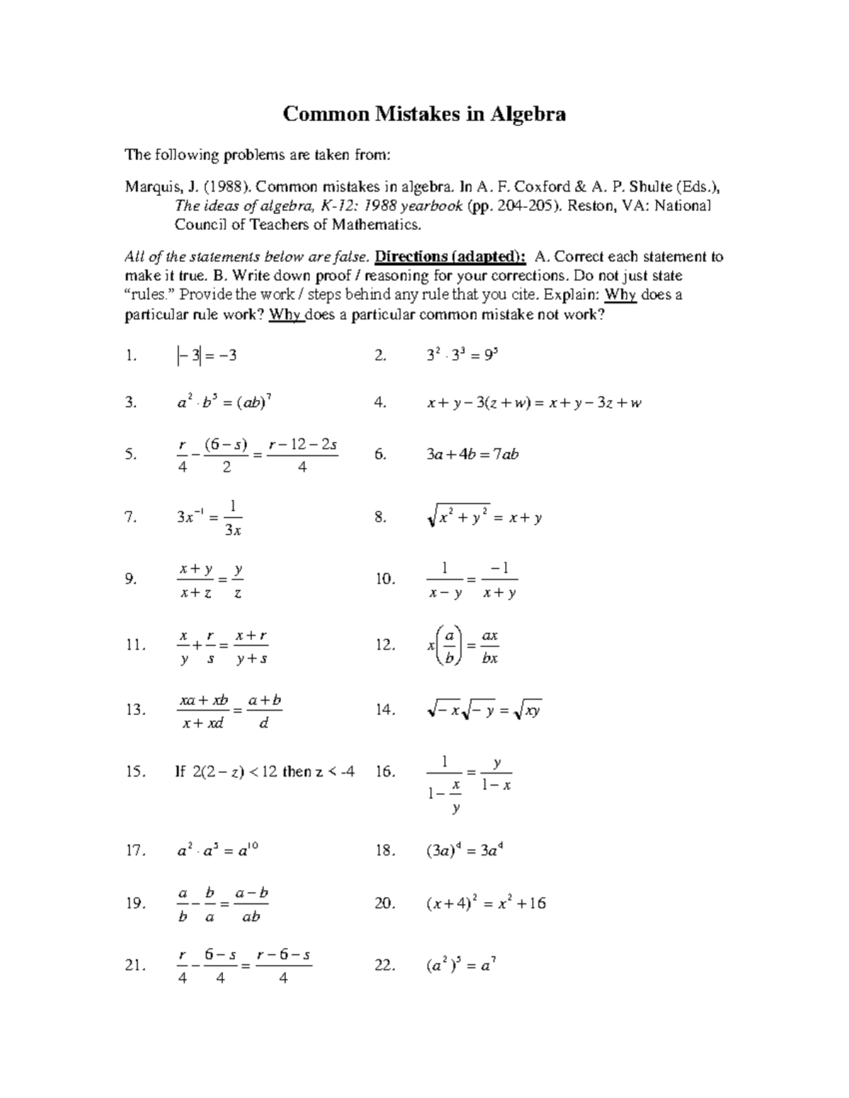Common Mistakes in Algebra - (1988). Common mistakes in algebra. In A ...