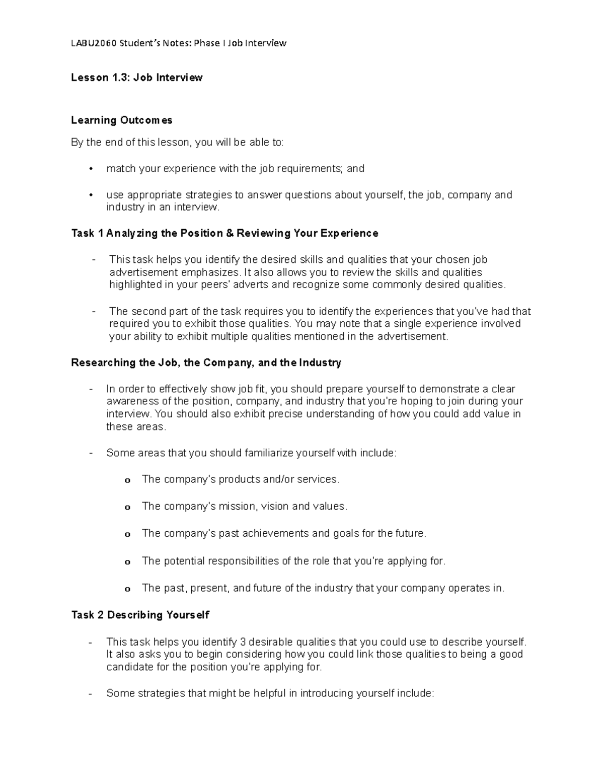 LABU2060 SN Job Interview Lesson 1 - LABU2060 Student’s Notes: Phase I ...