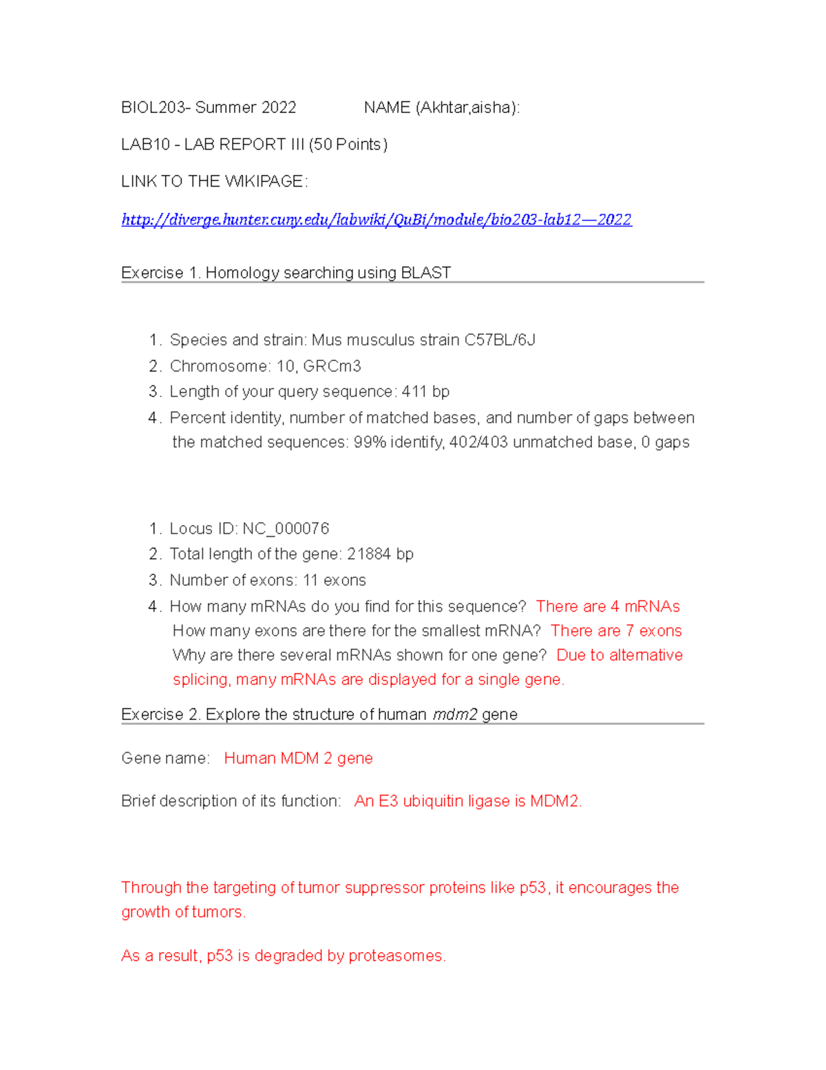 LAB Report 3 Genetics - BIOL203- Summer 2022 NAME (Akhtar,aisha): LAB10 ...