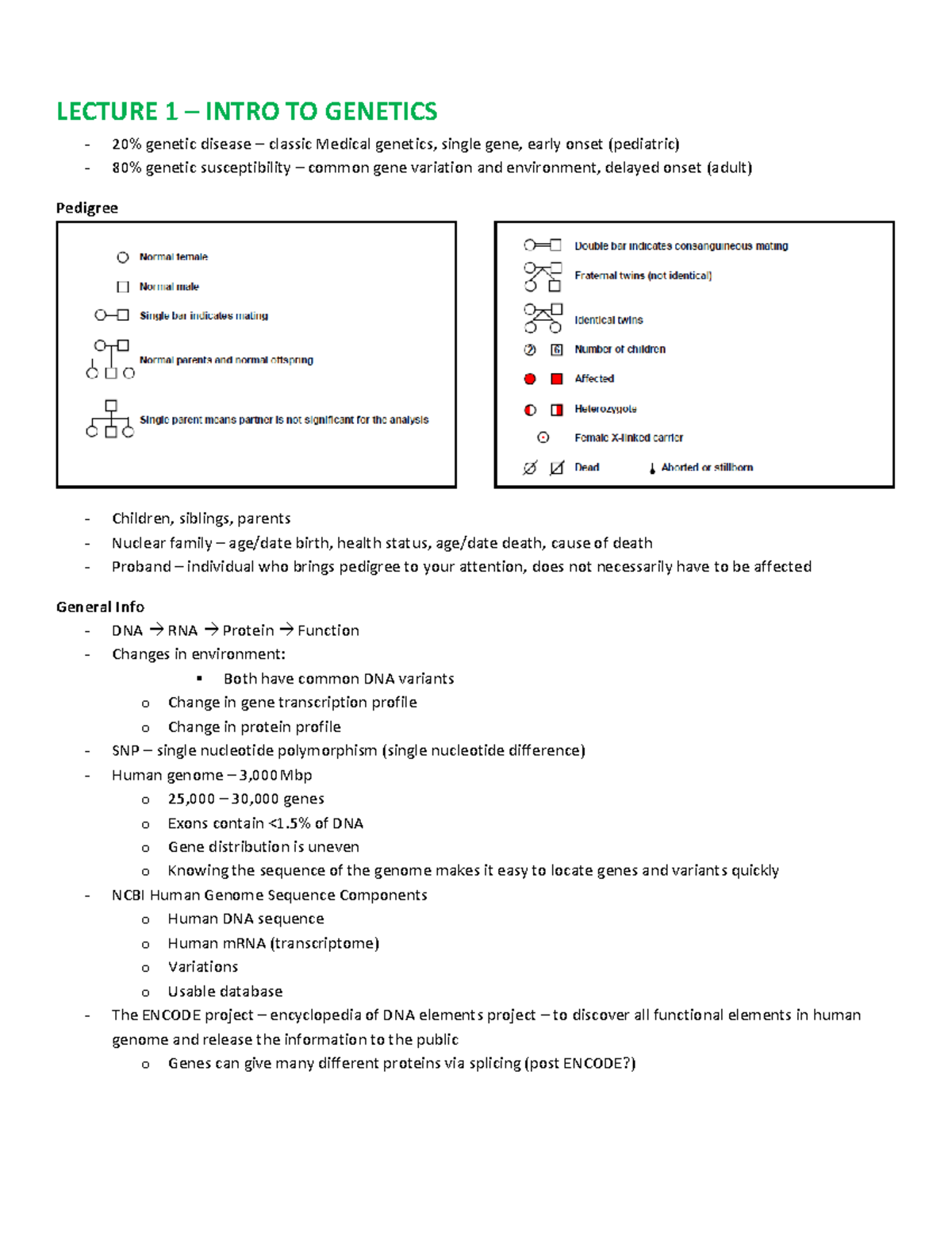 Genetics - Summary of Unit 3 Lecture 2 - LECTURE 1 – INTRO TO GENETICS ...